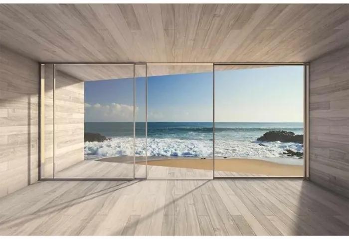 DIMEX | Samolepicí vliesová fototapeta na zeď Okno na pláž MA-5-0042 | 375 x 250 cm | modrá, bílá, béžová