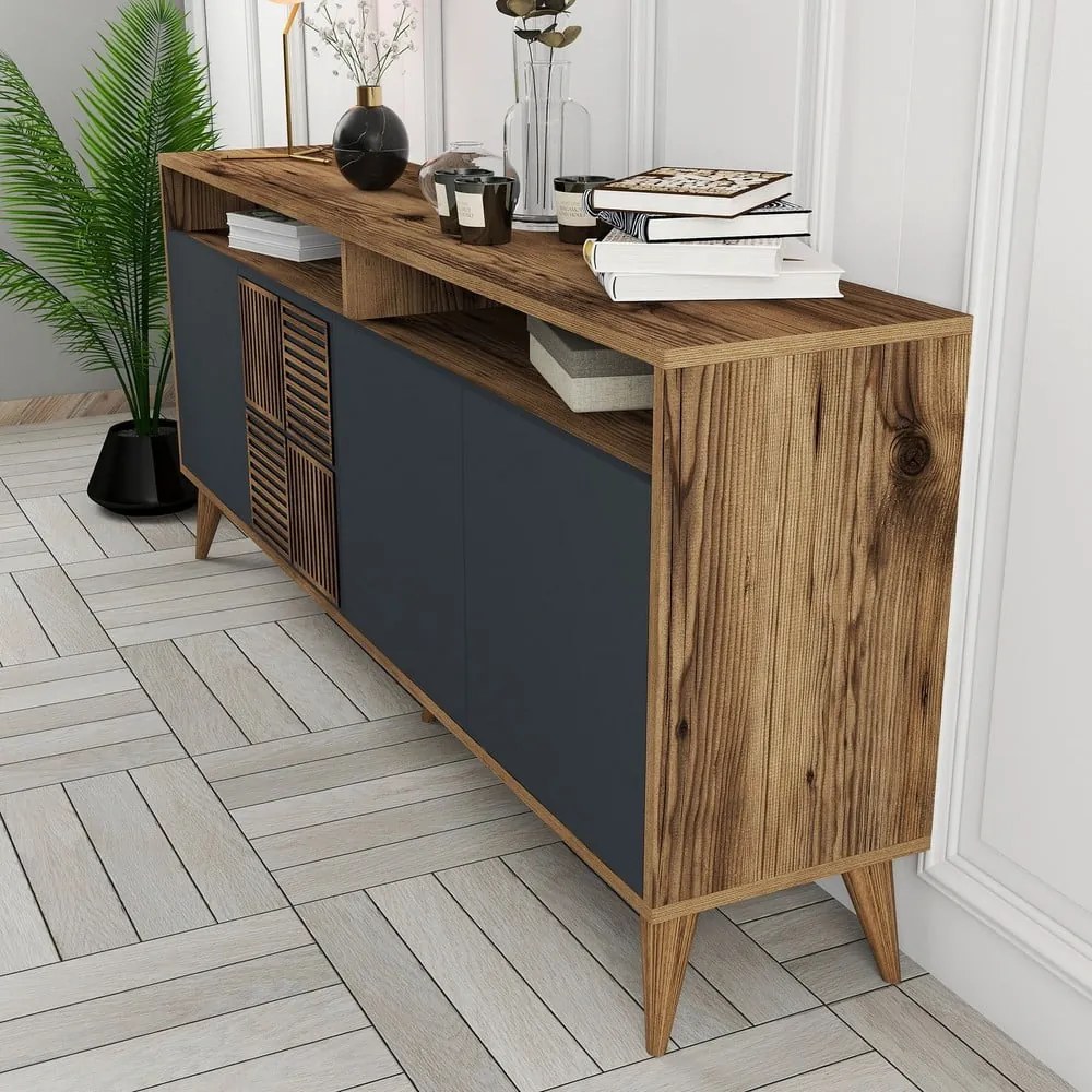 Nízká komoda v dekoru ořechu v antracitové a přírodní barvě 180x79 cm Milan – Kalune Design