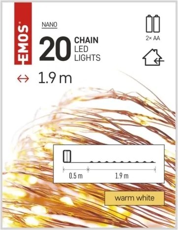 Vánoční osvětlení EMOS D3AW07 ZY1952 20LED nano řetěz měděný 1,9m 2xAA teplá bílá s časovačem