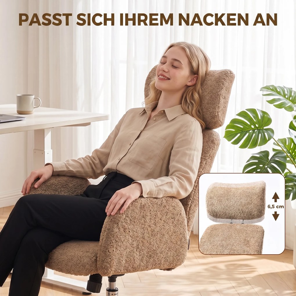 HOMCOM Bouclé kancelářské křeslo do home office – nastavitelná opěrka hlavy, houpací funkce, hnědé