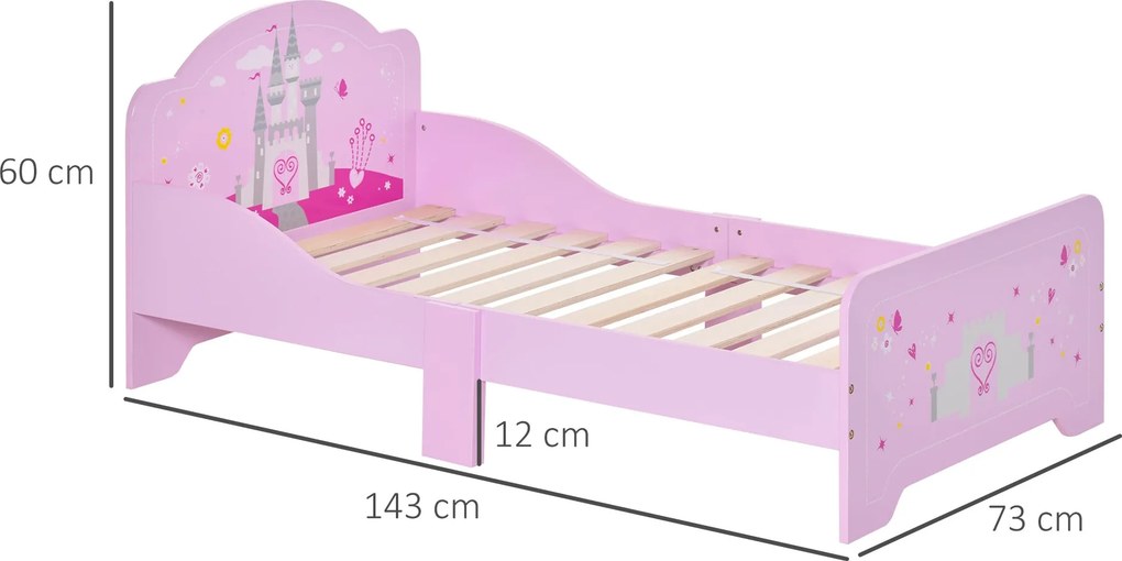 HOMCOM Dětská postel pro děti od 3 let - Dřevěná postel s bezpečnostními zábranami, max. nosnost 50 kg, 143x73x60 cm, Růžová