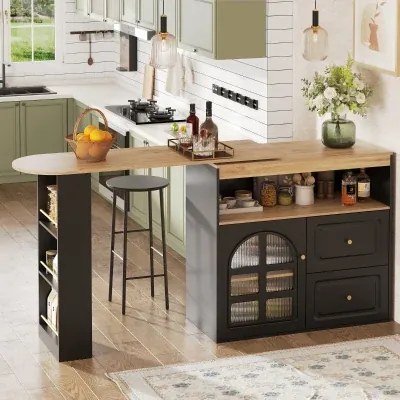 Aosom 360° otočný skříňový sideboard, se 2 zásuvkami, regálem na občerstvení, obloukovým sklem, 138-204 x 39 x 104 cm, černá