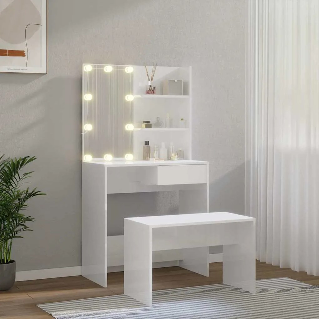 Toaletní stolek sada s LED bílý vysoký lesk kompozitní dřevo 3114111