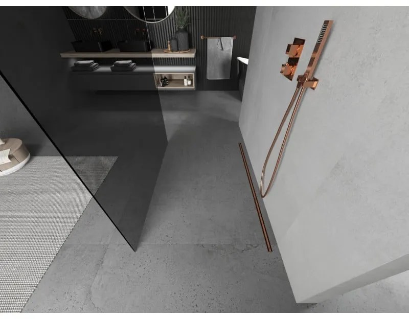 Mexen Kioto, průchozí sprchová zástěna 110 x 200 cm, 8mm šedé sklo, 2x růžové zlato stabilizační rozpěra, 800-110-002-60-40
