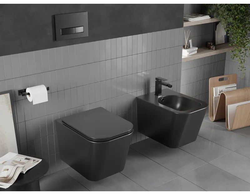 Mexen Teo závěsné wc Rimless s toaletním Slim sedátkem z duroplastu, černá matná - 30850685