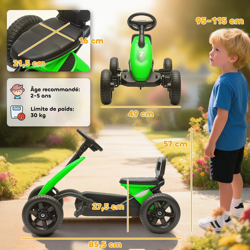 AIYAPLAY šlapací gokart pro děti, dětský karting od 2 do 5 let s tichými EVA koly, jízda vpřed a vzad, zelená