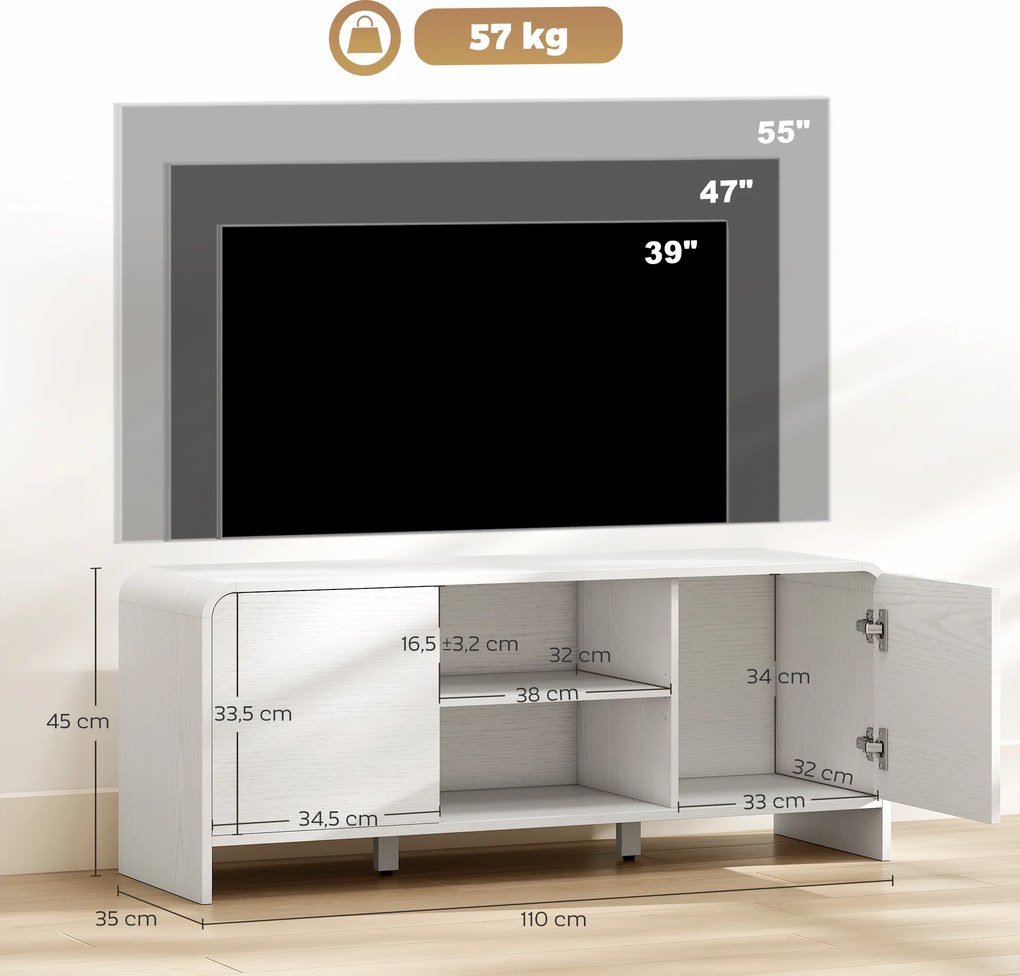 HOMCOM TV nábytek, televize do 140 cm, 2 dveře, 2 přihrádky, nastavitelná police, 110x35x45 cm, bílá