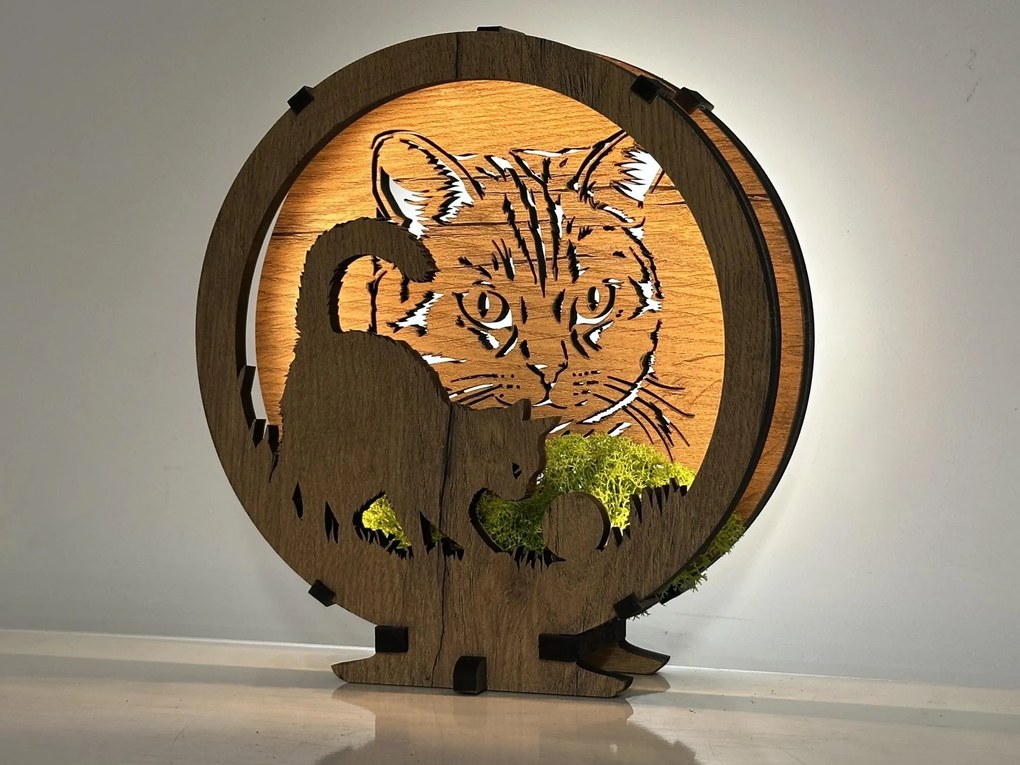 Li-Go "Kočka s mechem" dřevěná lampa s dvojitým podsvícením 20x22 cm dub