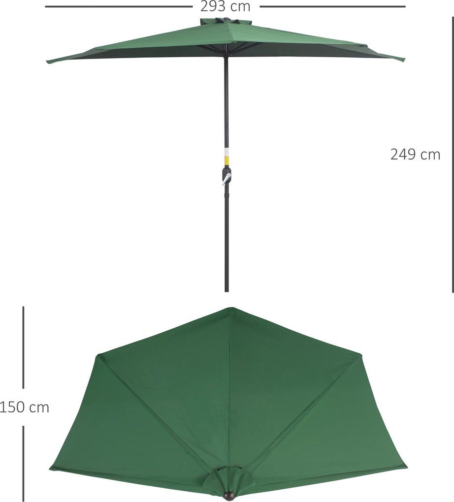 Outsunny poloviční slunečník balkónový slunečník 5 kovových prutů větrací štěrbina včetně 2,93 x 1,5 x 2,49 m vysoce hustý polyester zelený