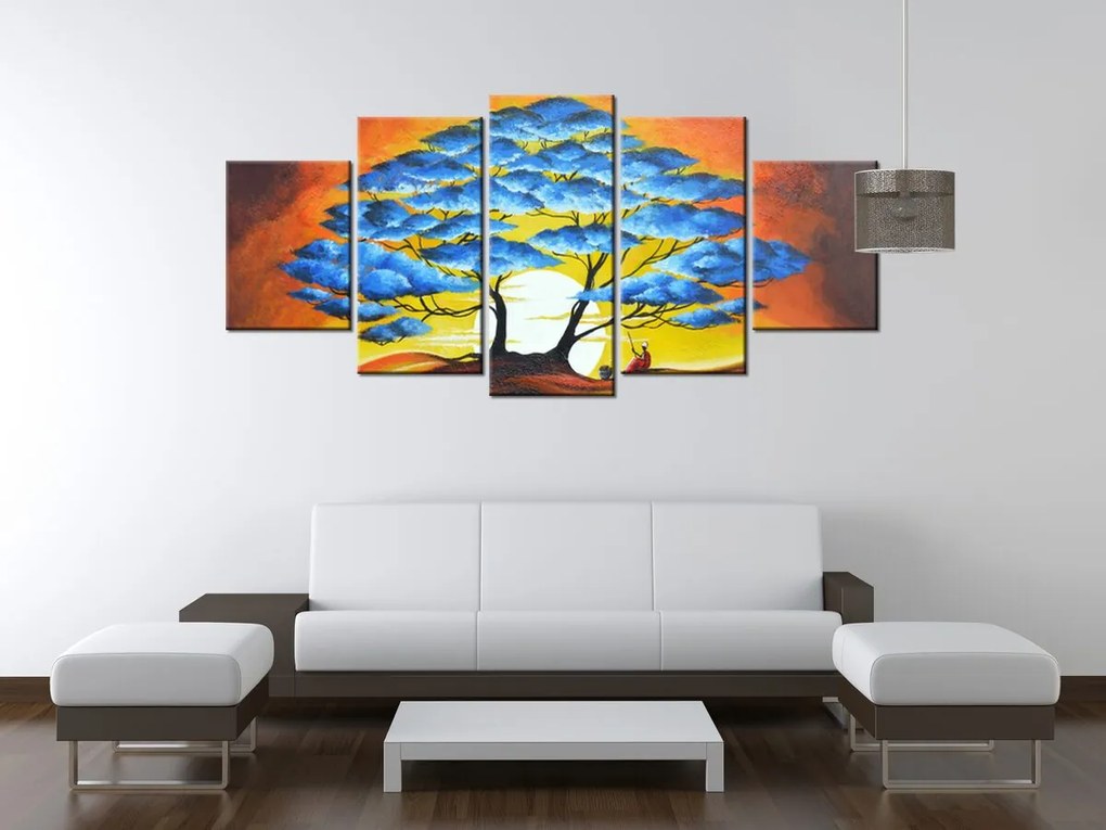 Gario Ručně malovaný obraz Odpočinek pod modrým stromem - 5 dílný Rozměry: 150 x 70 cm