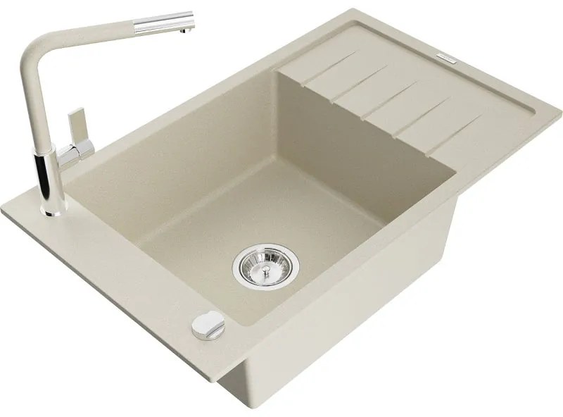Mexen Elias, 1-komorový granitový dřez 795x480x200 mm a dřezová baterie Flora, béžová, 6511-69-670401-09