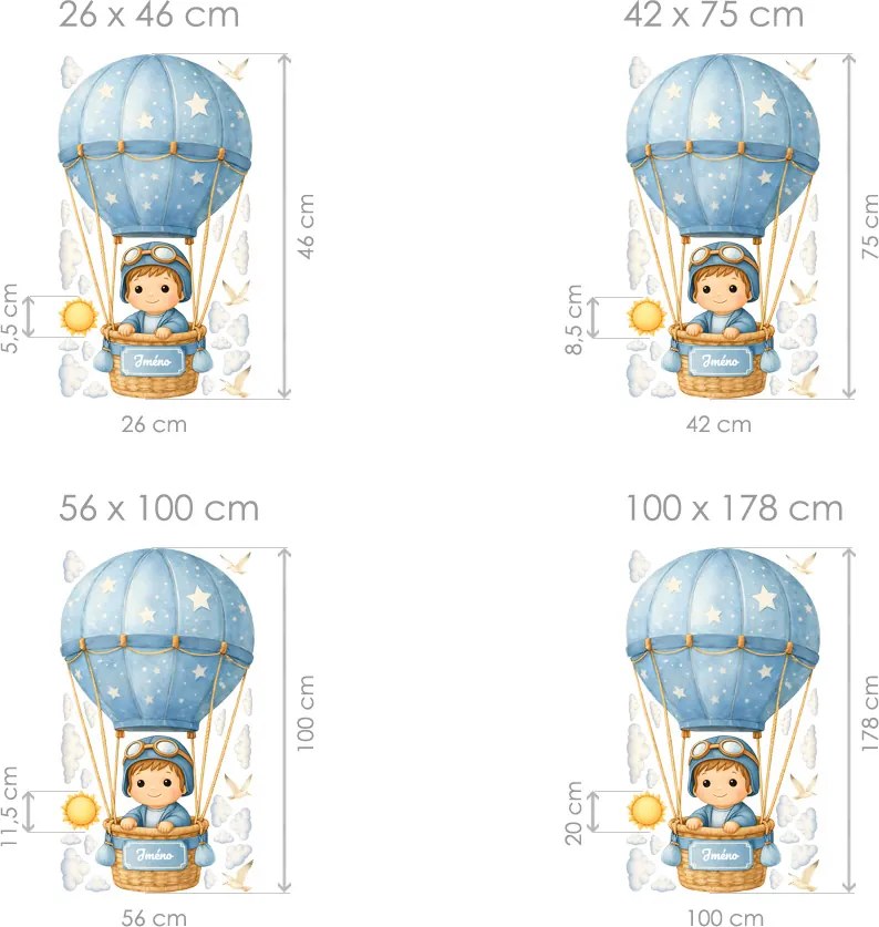 Chlapec v balónu se jménem samolepky na zeď arch 26 x 46 cm