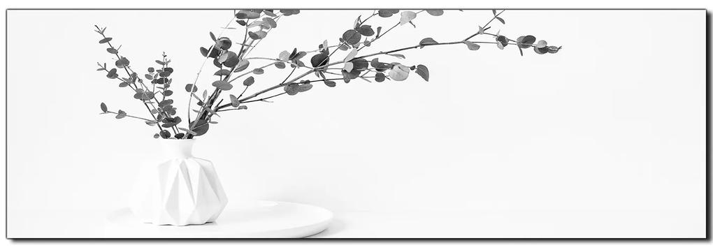 Obraz na plátně - Větev eukalyptu v bílé váze na bílém pozadí - panoráma 5272QA (105x35 cm)