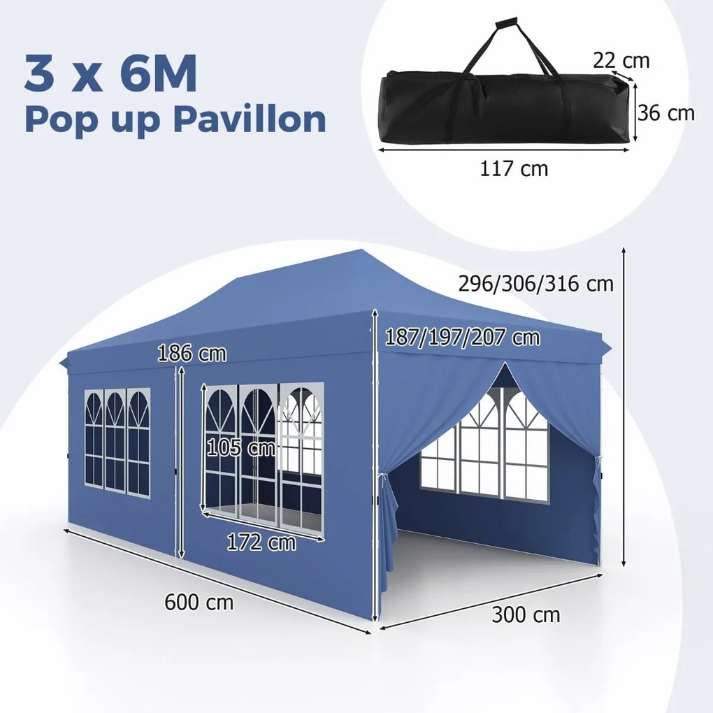 Costway Pavilon skládací pavilon s 6 odnímatelnými bočními stěnami a – modrý