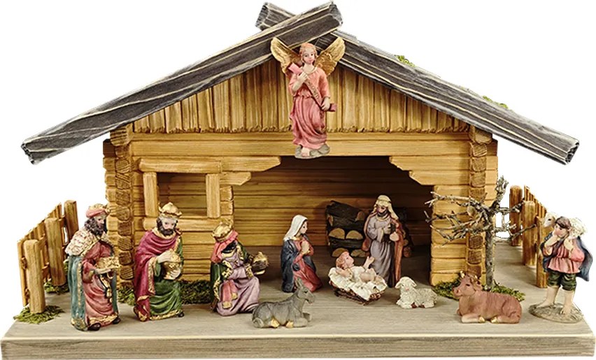 AMADEA Dřevěný betlém osvětlený s figurkami 42 cm, český výrobek