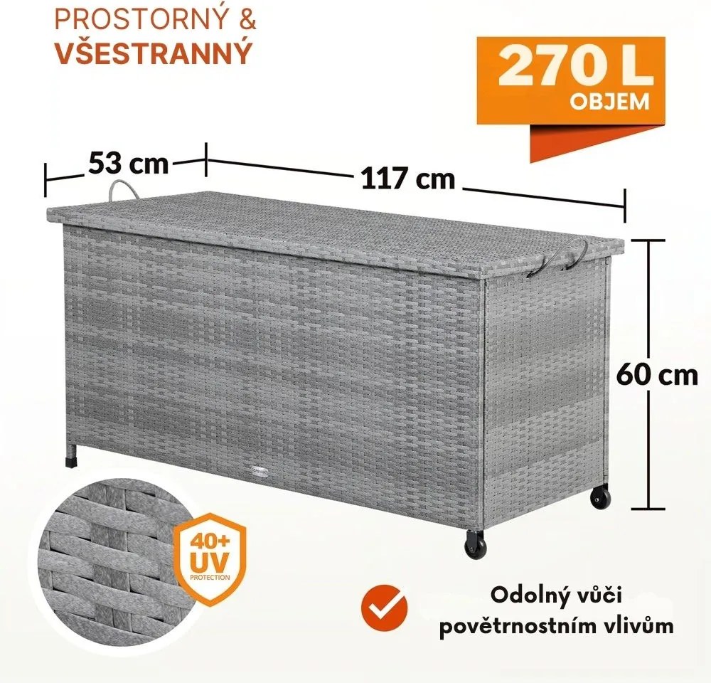 Polyratanový úložný box RICCO, 270L, 117x53x60cm, šedá Casaria