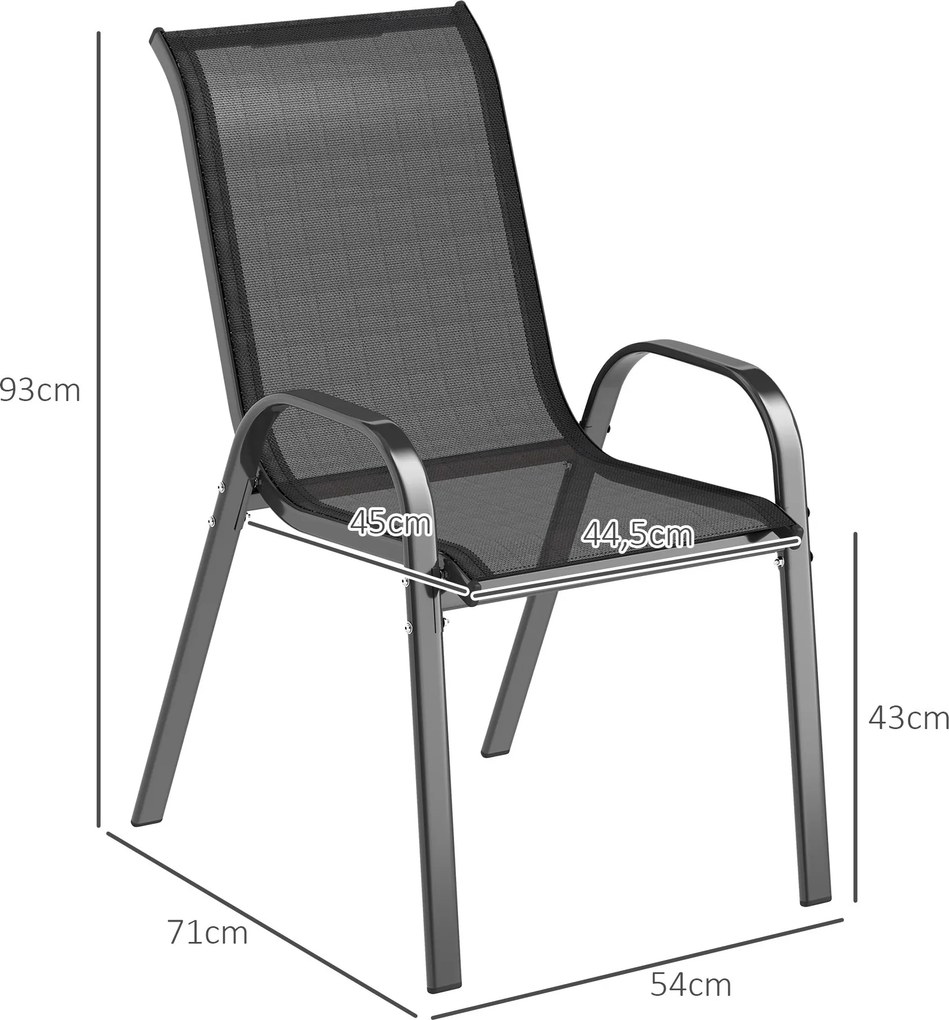 Outsunny Sada 4 Zahradních Židlí pro Exteriér Stohovatelné Terasové Židle s Prodyšnou Tkaninou Ocelový Rám Područky a Vysoké Opěradlo 54x71x93 cm Čer…