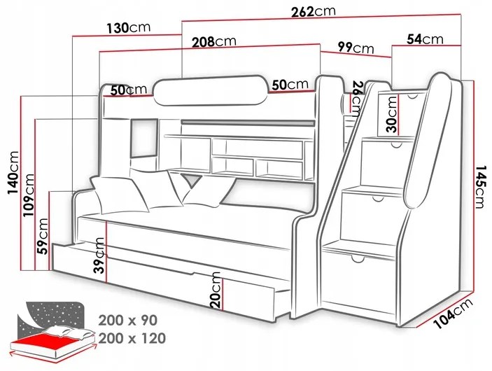 Dětská patrová postel s rozšířeným spodním lůžkem a šuplíkem SEGAN bílo-šedá - 200x90/120 cm