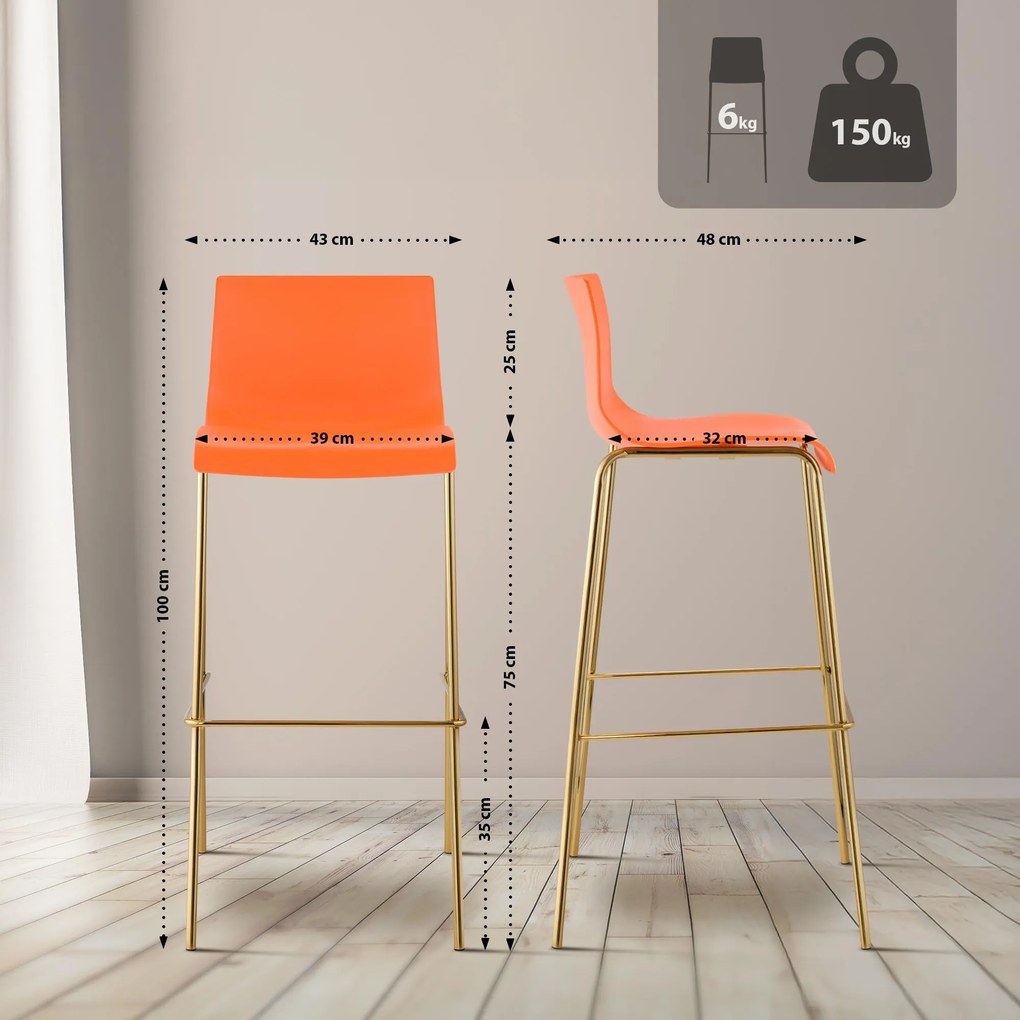 Sada 2 ks barových židlí Hoover plast, zlaté nohy - oranžová