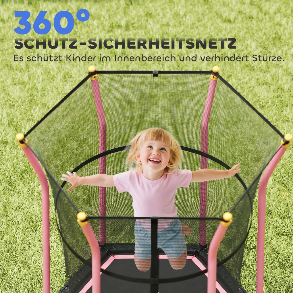 HOMCOM Dětská trampolína Ø163,5 cm, vnitřní trampolína s bezpečnostní sítí a krytem okraje Bungee, dětská trampolína do 50 kg, pro děti 3-10 let Růžo…
