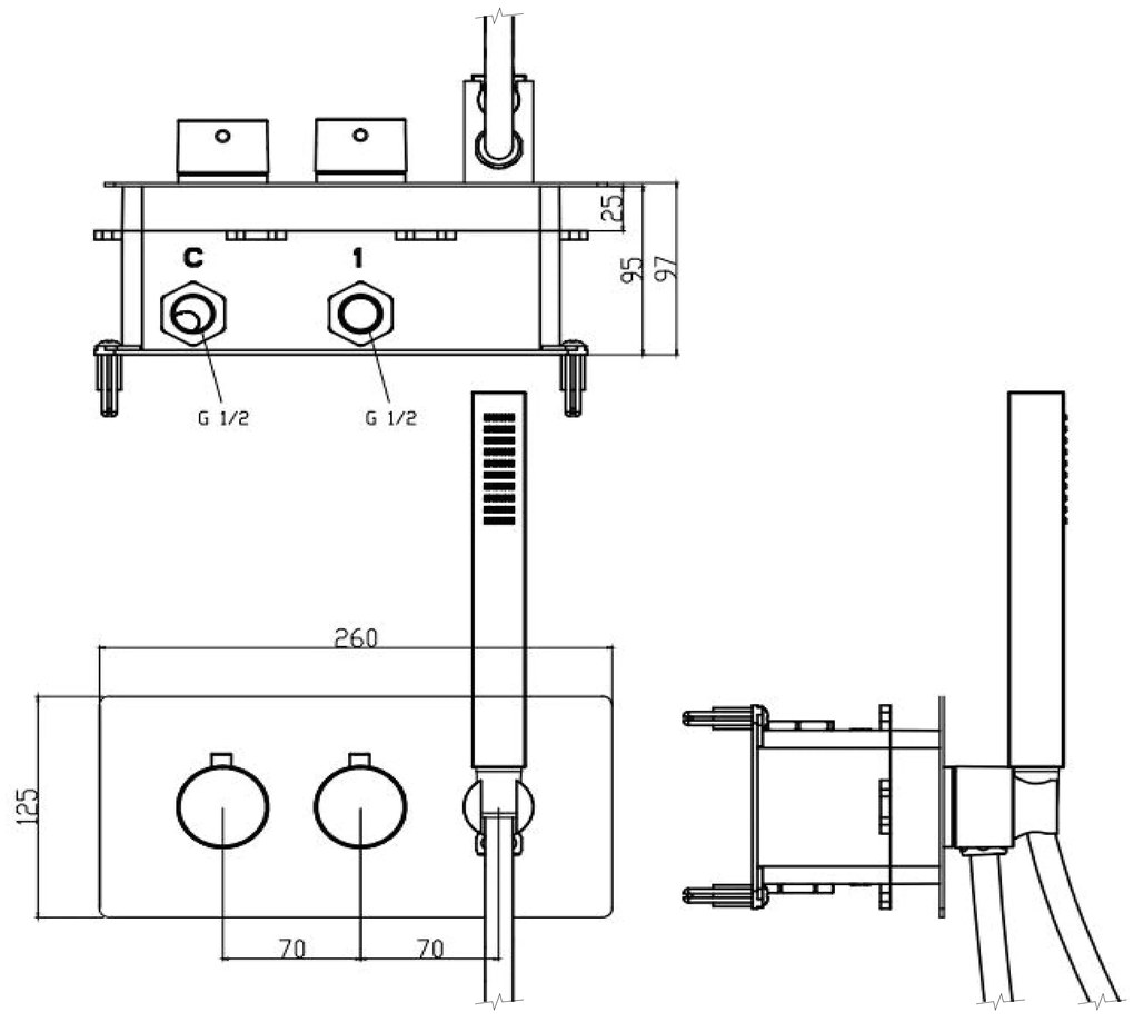 Sapho, RHAPSODY podomítková sprchová termostatická baterie včetně ruční sprchy, 2 výstupy, chrom, 5508