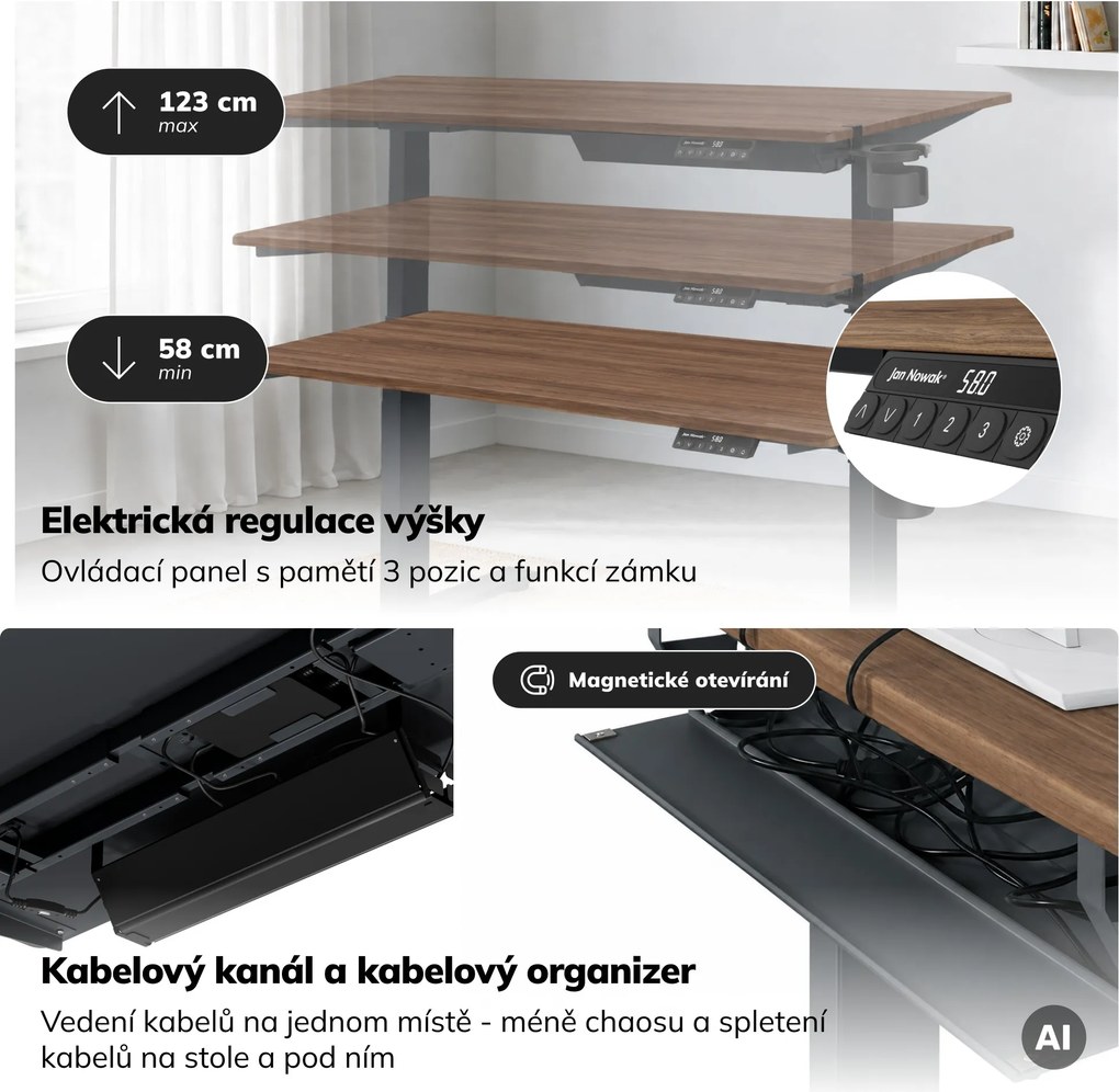 Elektrický stůl s regulací výšky ergonomický antracitový/ořech,1400x700 mm: ARIA