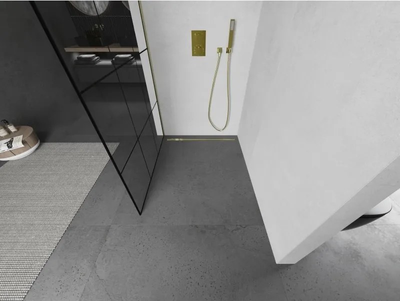 Mexen Kioto, sprchová zástěna Walk-In 100 x 200 cm, 8mm čiré sklo černý vzor, zlatý matný profil, 800-100-101-55-77
