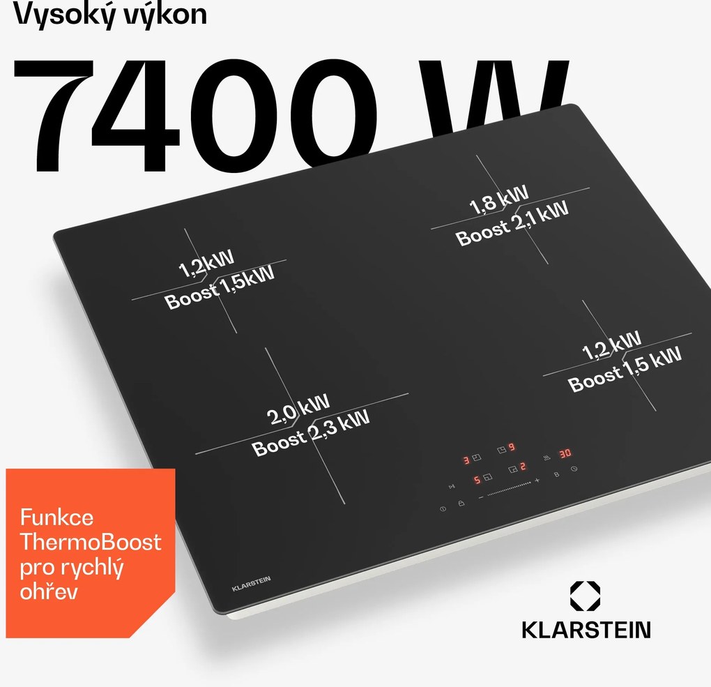 Klarstein PowerGlide indukční varná deska | Odolná proti poškrábání | 4 varné zóny | 7400 W | 60 cm