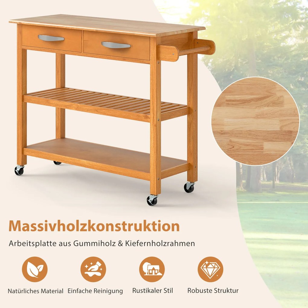 Costway Dřevěný kuchyňský vozík s pracovní deskou a 2 zásuvkami a 2 otevřenými