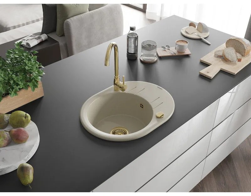 Mexen Kevin, granitový dřez 586x458x190 mm, 1-komorový, béžová se zlatým sifonem, 6517581005-69-G