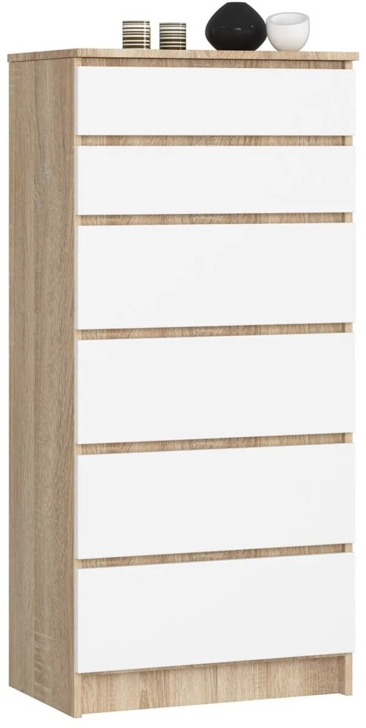 Ak furniture Komoda Kuba 60 cm - 6 šuplíků dub sonoma/bílá