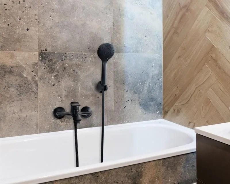 Erga Omala, nástěnná vanová baterie s ruční sprchovou soupravou, černá matná, ERG-YKA-BW.OMALA-BLK