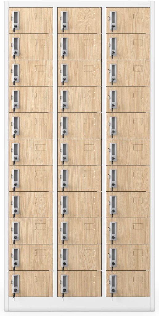 Depozitní skříňka s 33 uzamykatelnými boxy, bílá / dub sonoma, 900x1850x450 mm: OLIVER Eco Design