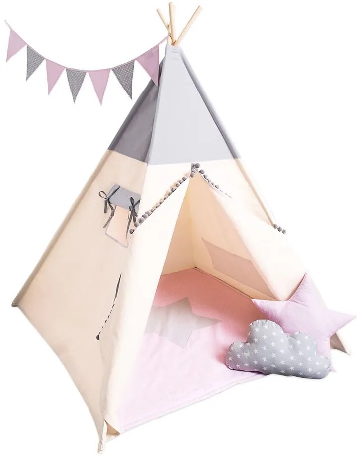 lovel.cz Dětský stan teepee Pom Pom Grey / pink