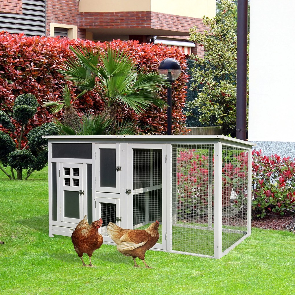 PawHut kurník pro slepice, vhodný pro 1-2 slepice, s hnízdem, box na vejce se 2 přihrádkami, jedle, šedá+bílá, 160 x 75 x 80 cm