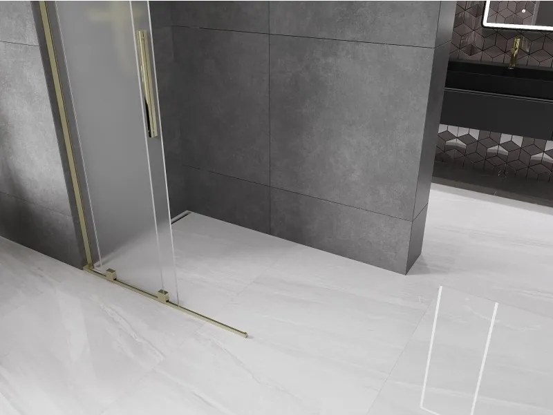 Mexen Velar L, posuvná sprchová zástěna Walk-in 110 x 200 cm, 8mm sklo námraza, zlatá lesklá, 871-110-003-33-50