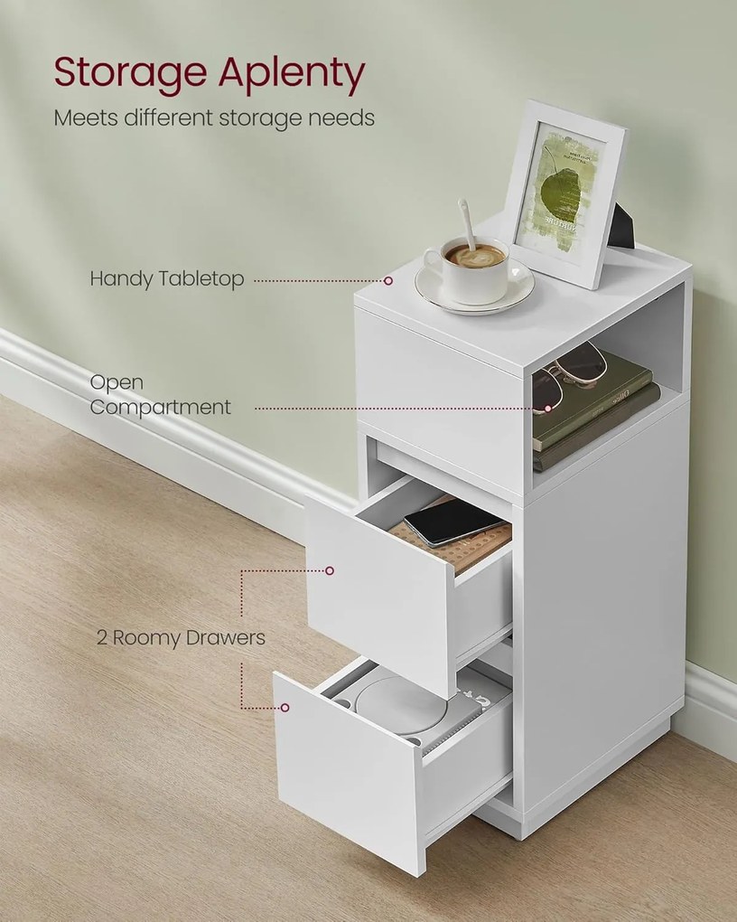 Noční stolek se 2 šuplíky, s otevřenou přihrádkou, montovatelný vlevo nebo vpravo, cloud bílá