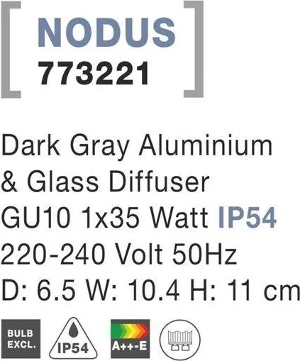 NV 773221 Venkovní nástěnné svítidlo NODUS tmavě šedý hliník skleněný difuzor GU10 1x7W 220-240V IP54 bez žárovky světlo dolů - NOVA LUCE