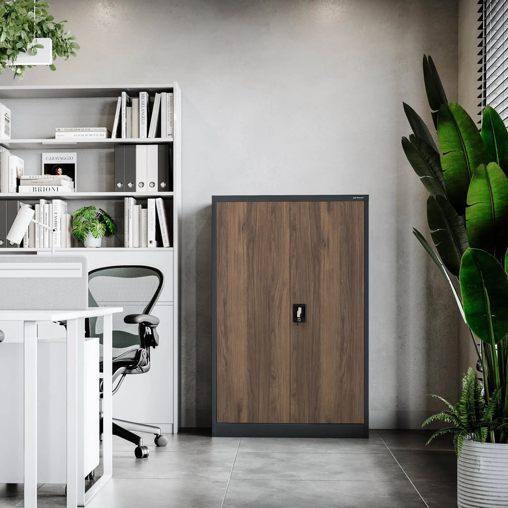 Nízká kovová kancelářská skříň se 3 policemi, antracit/ořech, 900x1400x400 mm: KEVIN Eco Design