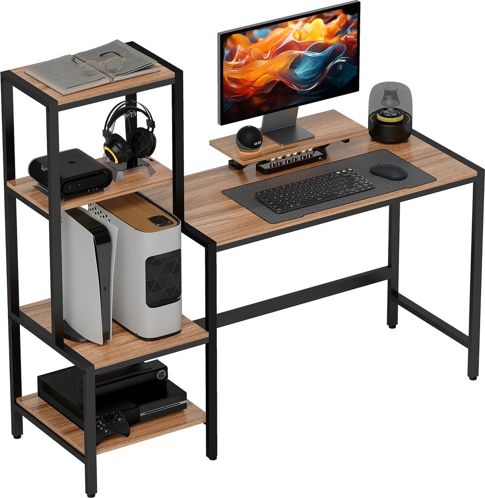 HOMCOM Stůl 150 x 48 cm Počítačový stůl s podstavcem na monitor, stojanem na CPU, policí na tiskárnu, 4 policemi, kovovým rámem pro domácí kancelář, l