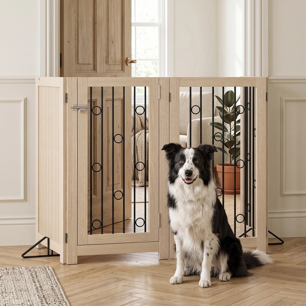 PawHut Volně stojící branka pro domácí mazlíčky, branka pro psy s dvířky, 4 panely, pro chodbu, schodiště, zárubeň, MDF, ocel D06-275V01AK