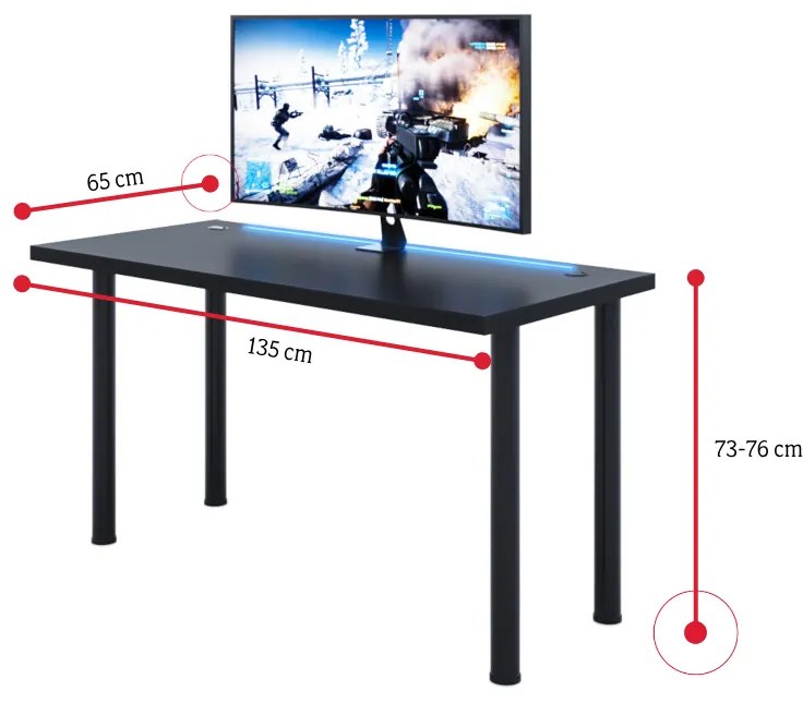 Počítačový herní stůl X2 s LED, 135x73-76x65, bílá/černé nohy