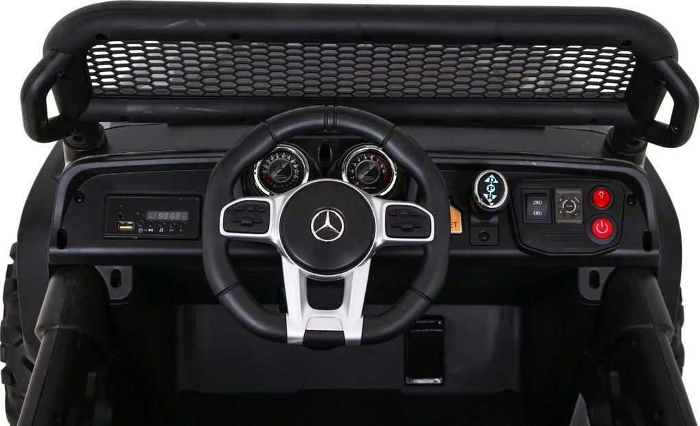 Ramiz Mercedes Benz Unimog elektrické autíčko pro děti maskáčové lakované + pohon 4x4 + dálkové ovládání + nosič zavazadel + pomalý start + MP3 + LED
