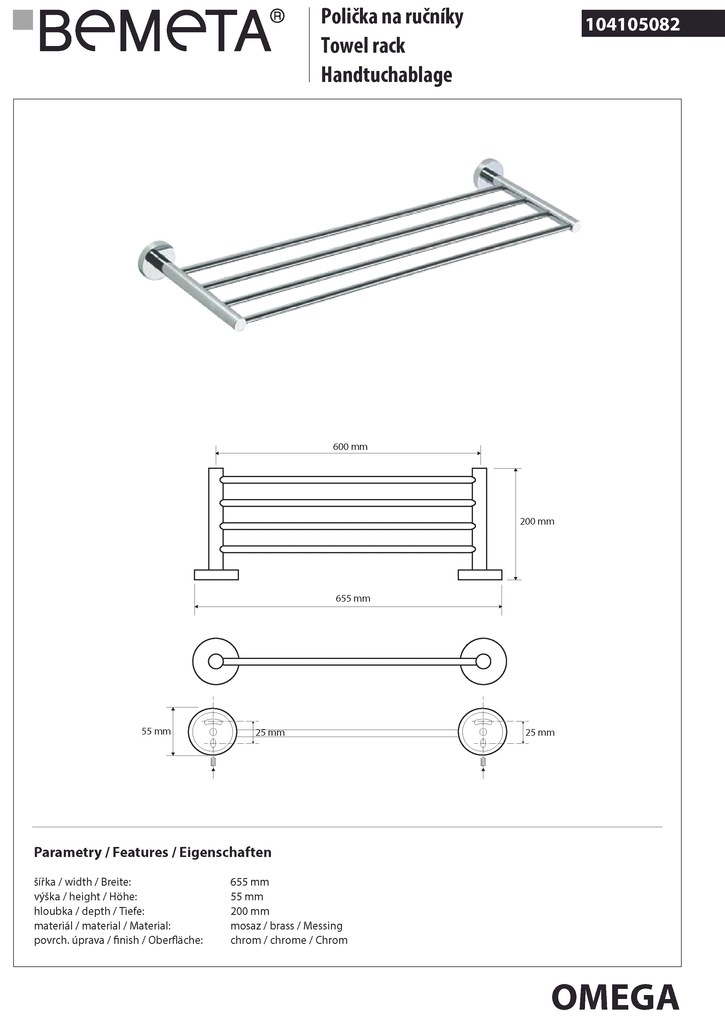 Bemeta Design OMEGA: Držák ručníků, 600 mm - 104105082