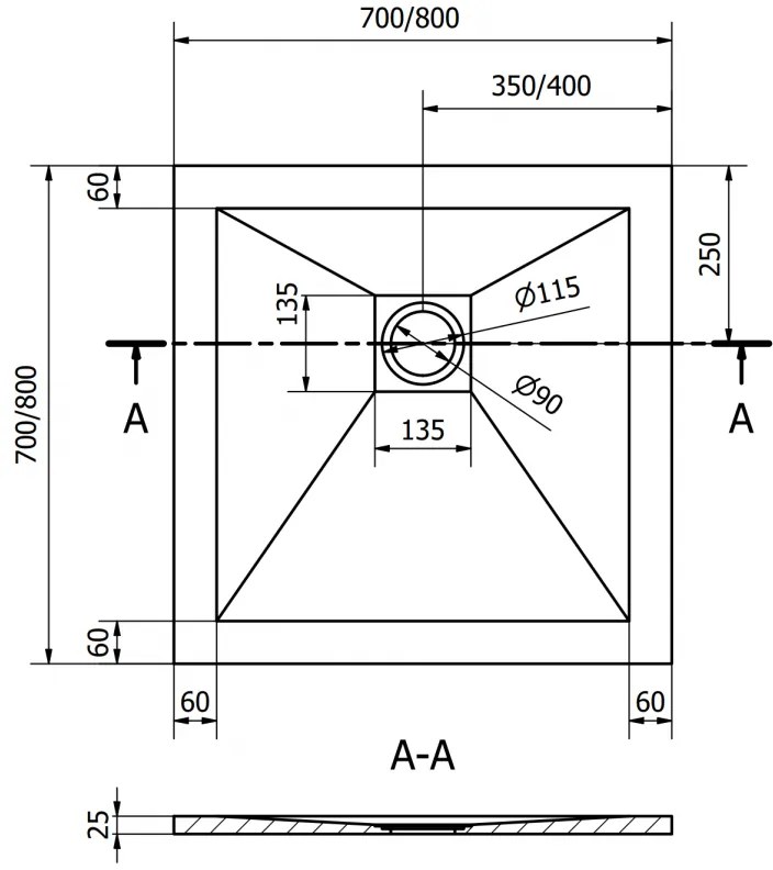 Mexen Stone+, čtvercová vanička z minerálního kompozitu 80 x 80 cm, černá, černá krytka, 44708080-B