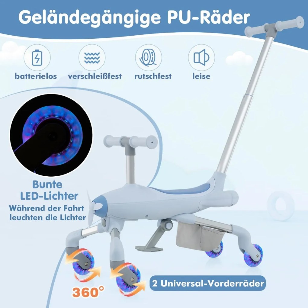 Costway 2-v-1 Push Car pro děti Motiv letadla Push Car s LED podsvícenými koly