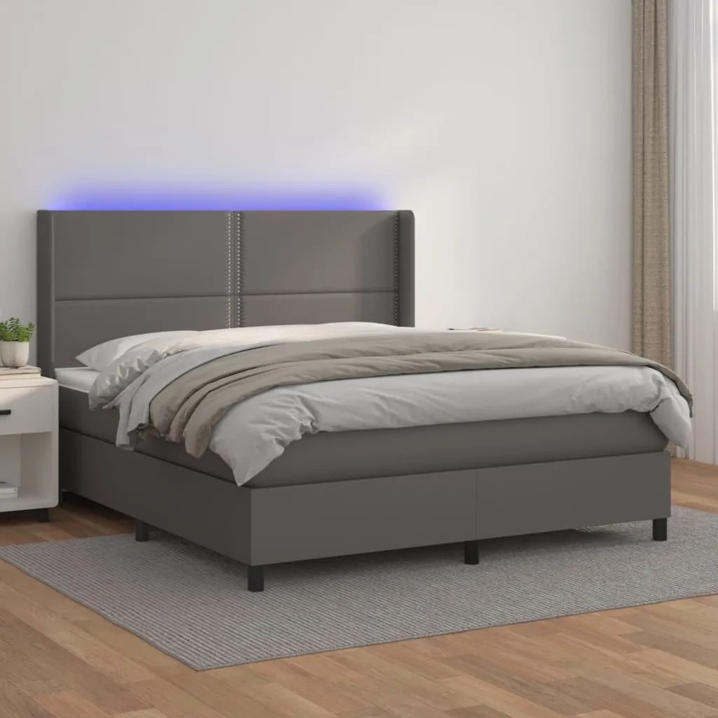 Box spring postel s matrací a LED šedá 180x200 cm umělá kůže