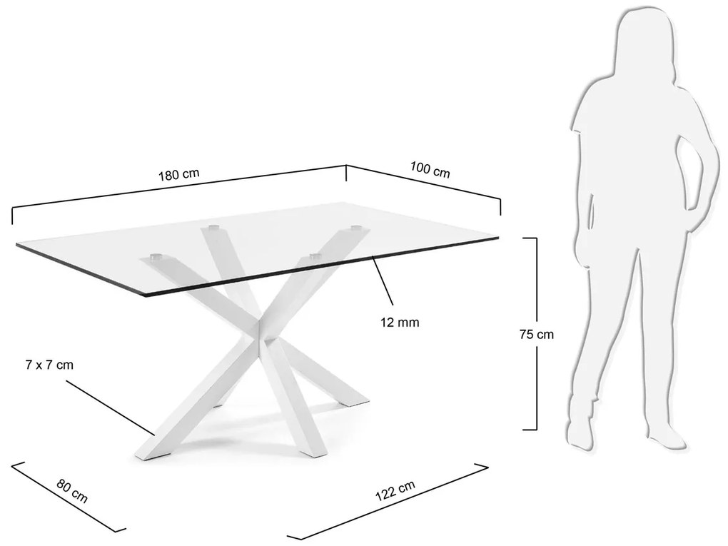 Skleněný jídelní stůl Kave Home Argo 180 x 100 cm s bílou kovovou podnoží