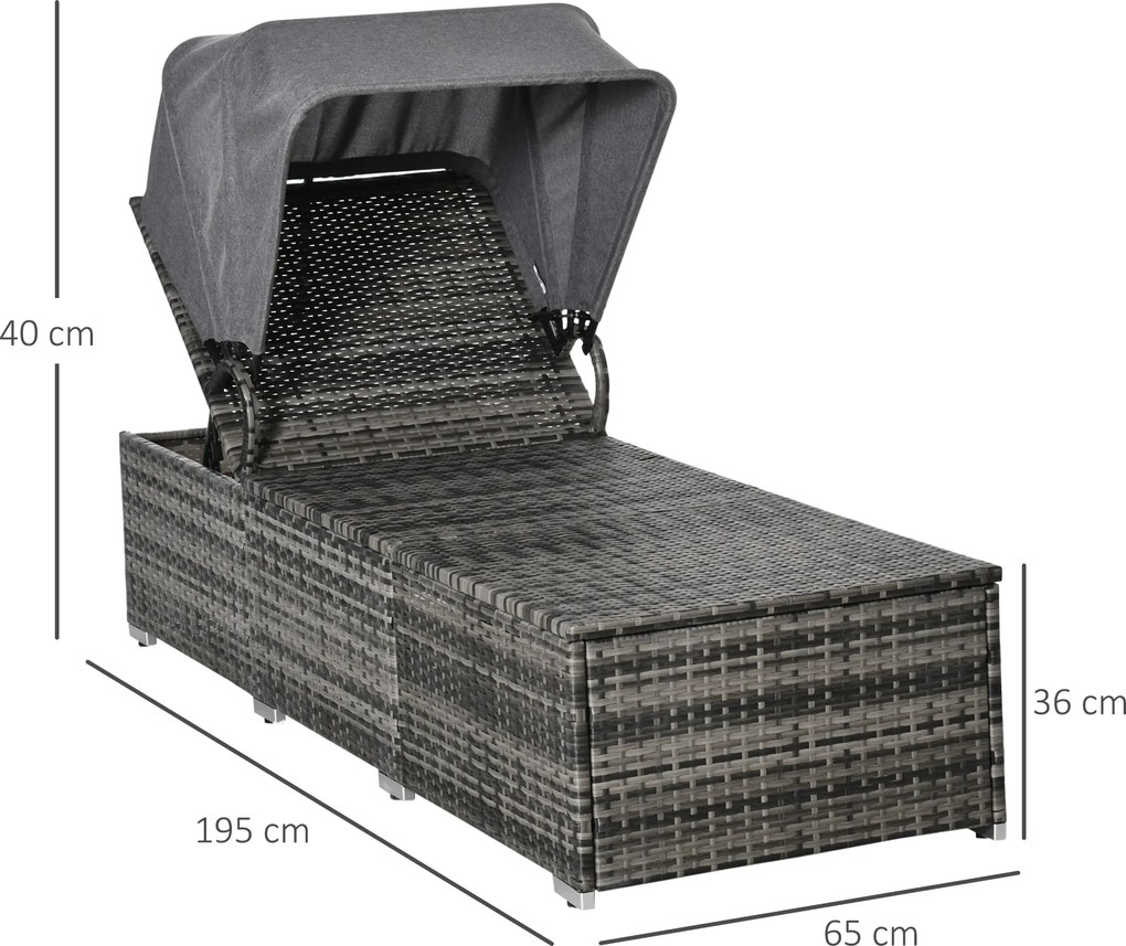 Lehátko Outsunny z polyratanu se sluneční stříškou nastavitelné zahradní lehátko ratanové lehátko s polštáři šedé 195x65x40cm pro hodiny relaxace na …