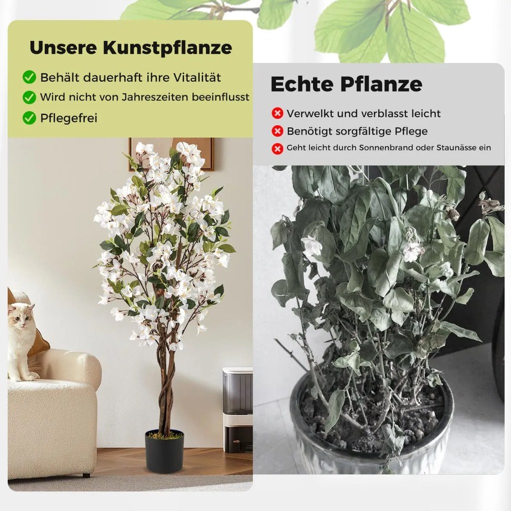 Costway 120 cm Umělý strom s květinami v květináči Umělý strom bugenvilea Umělé